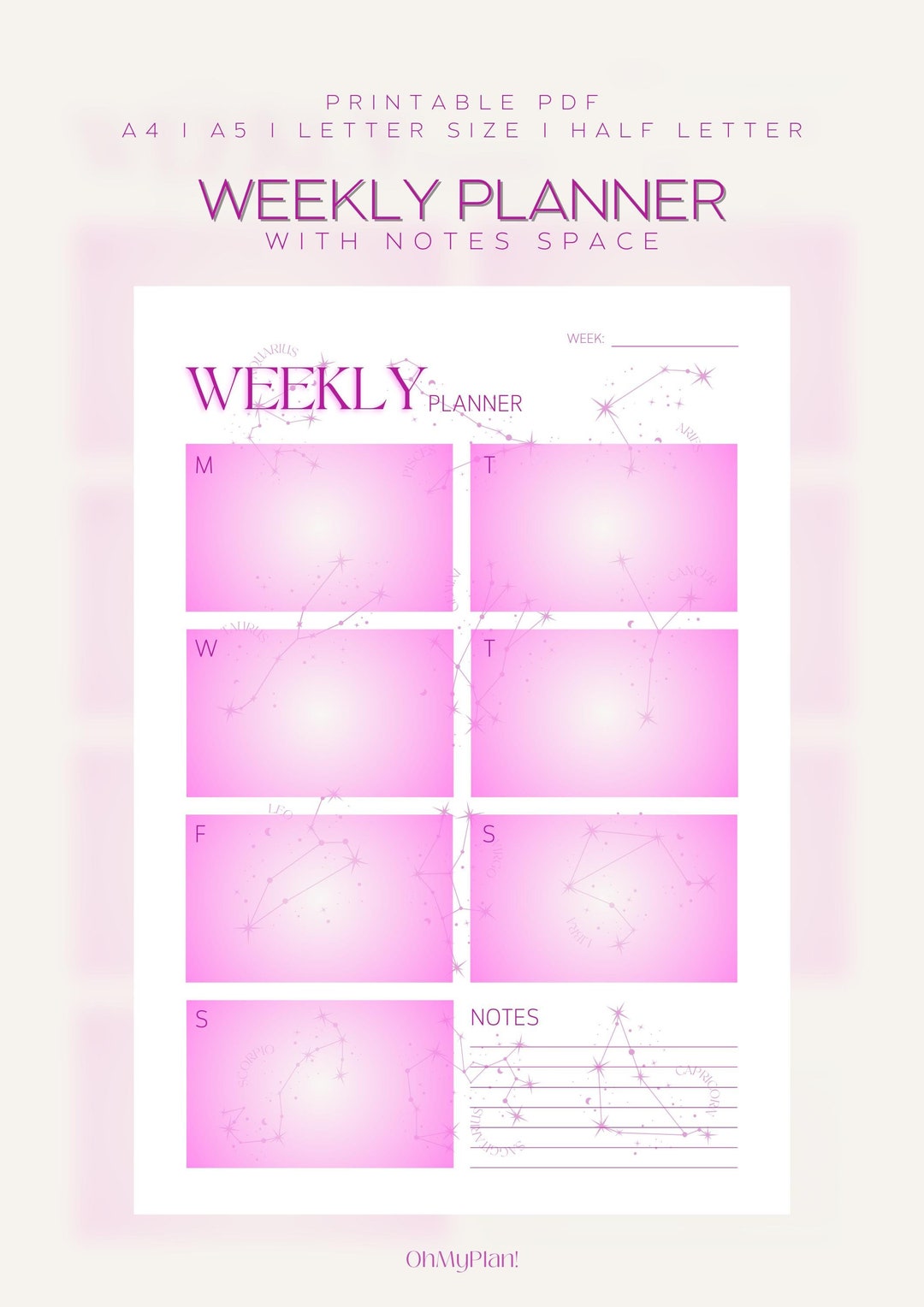 Printable Weekly Planner With Extra Room for Notes, Astrological Zodiac ...
