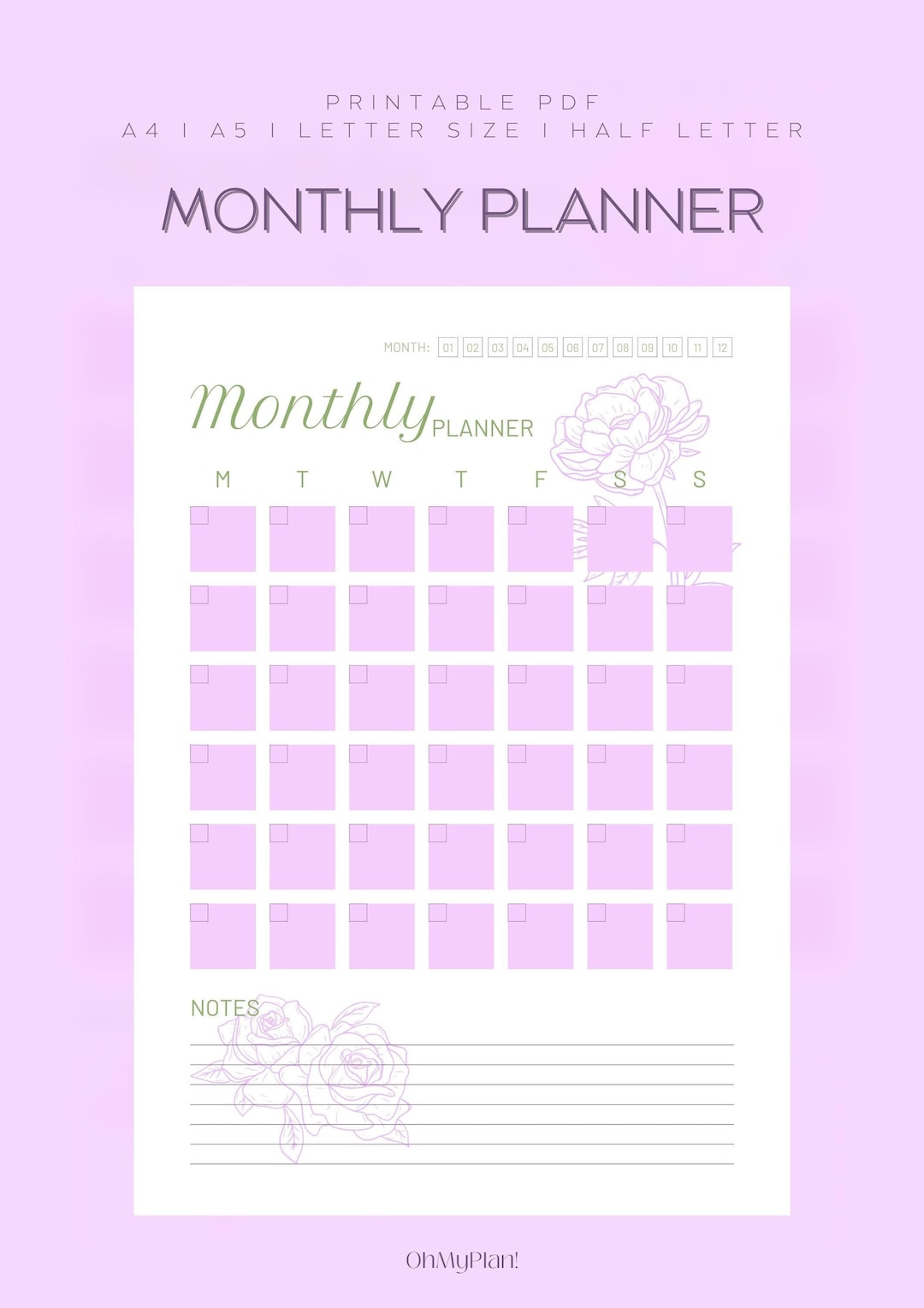 Floral Theme Printable Monthly Planner, Undated Monthly Overview ...