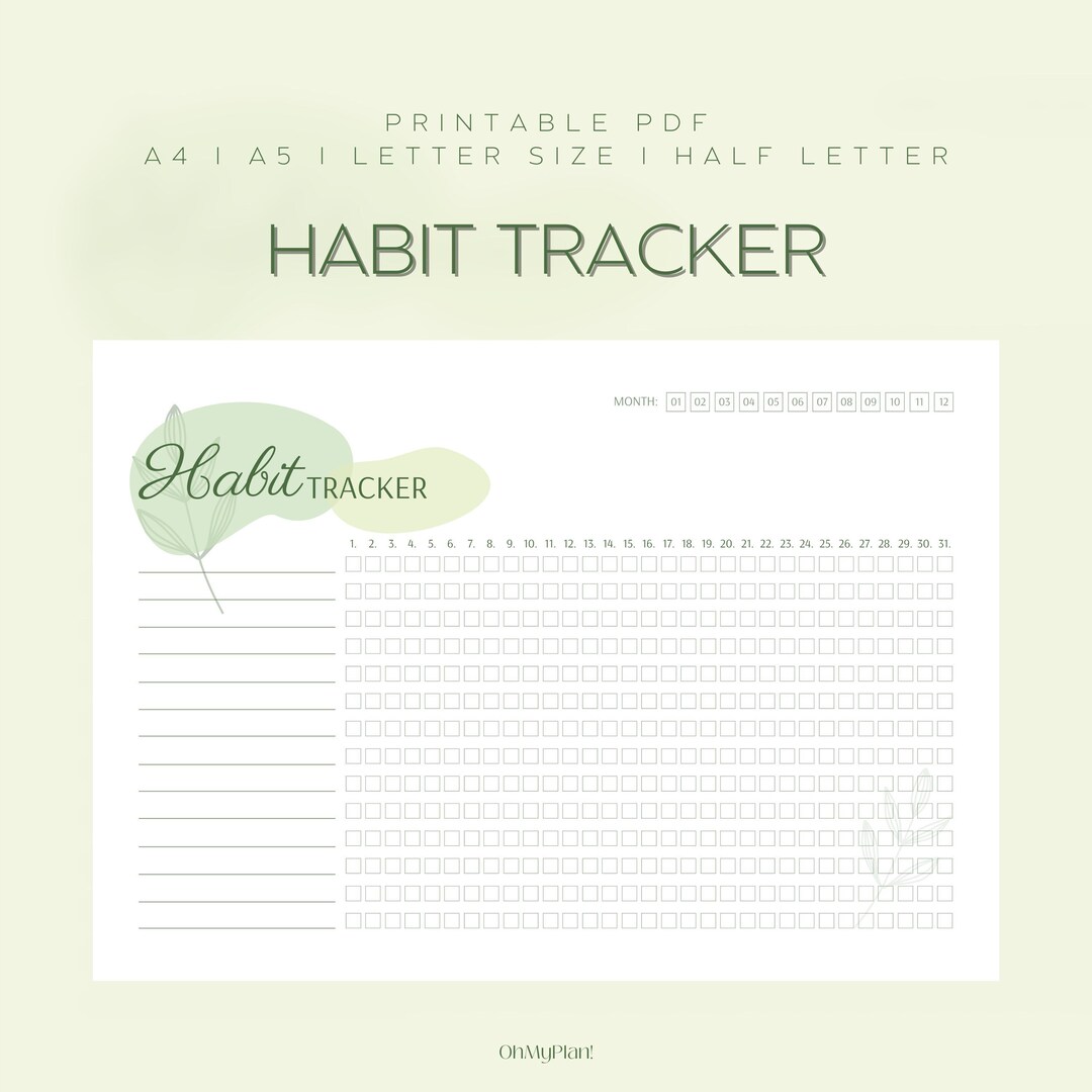 Habit Tracker Printable Undated, Routine Tracker, Green Botanical Style ...
