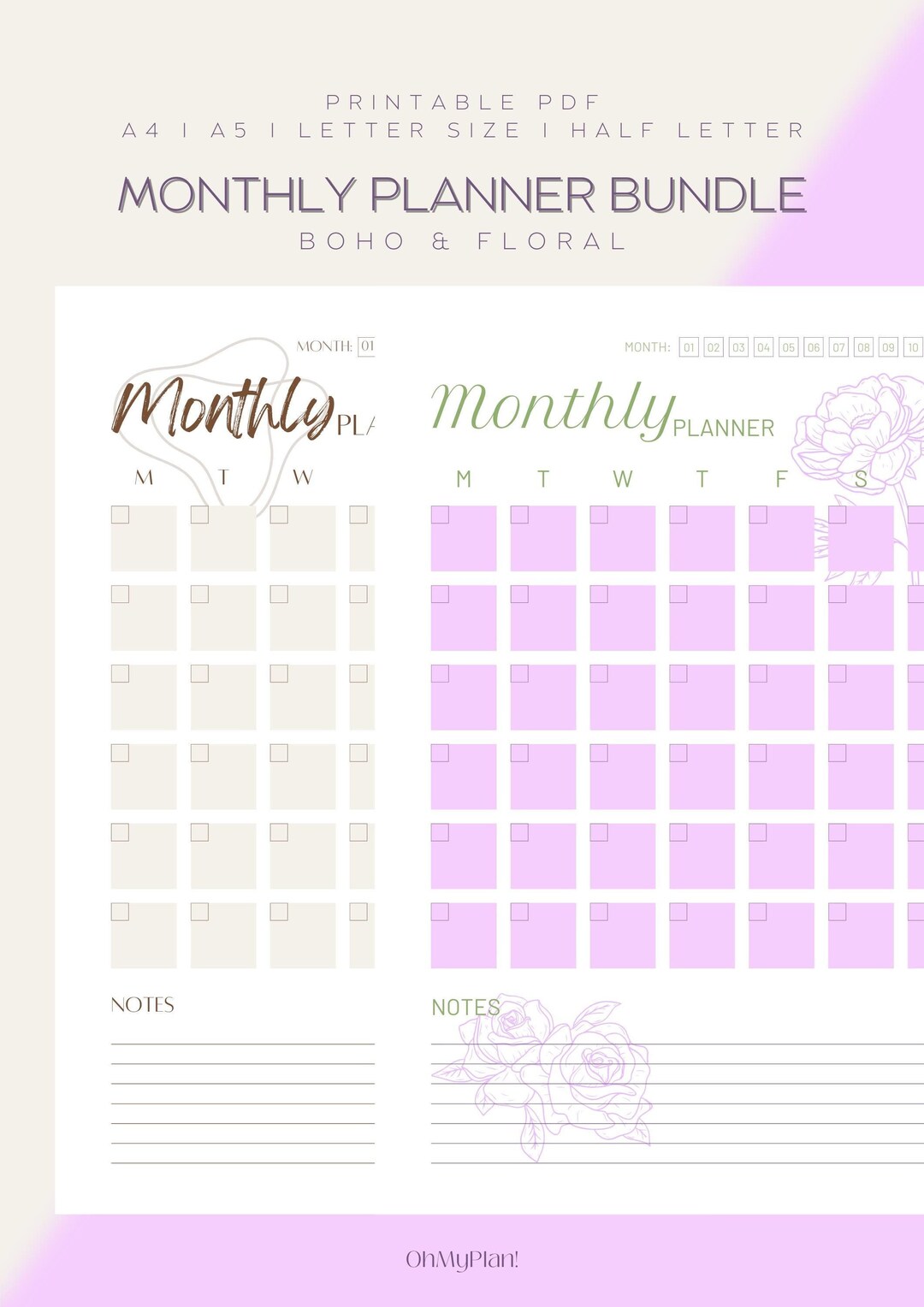 Printable Monthly Planner Set: Monthly Overview and Notes Section, Boho ...