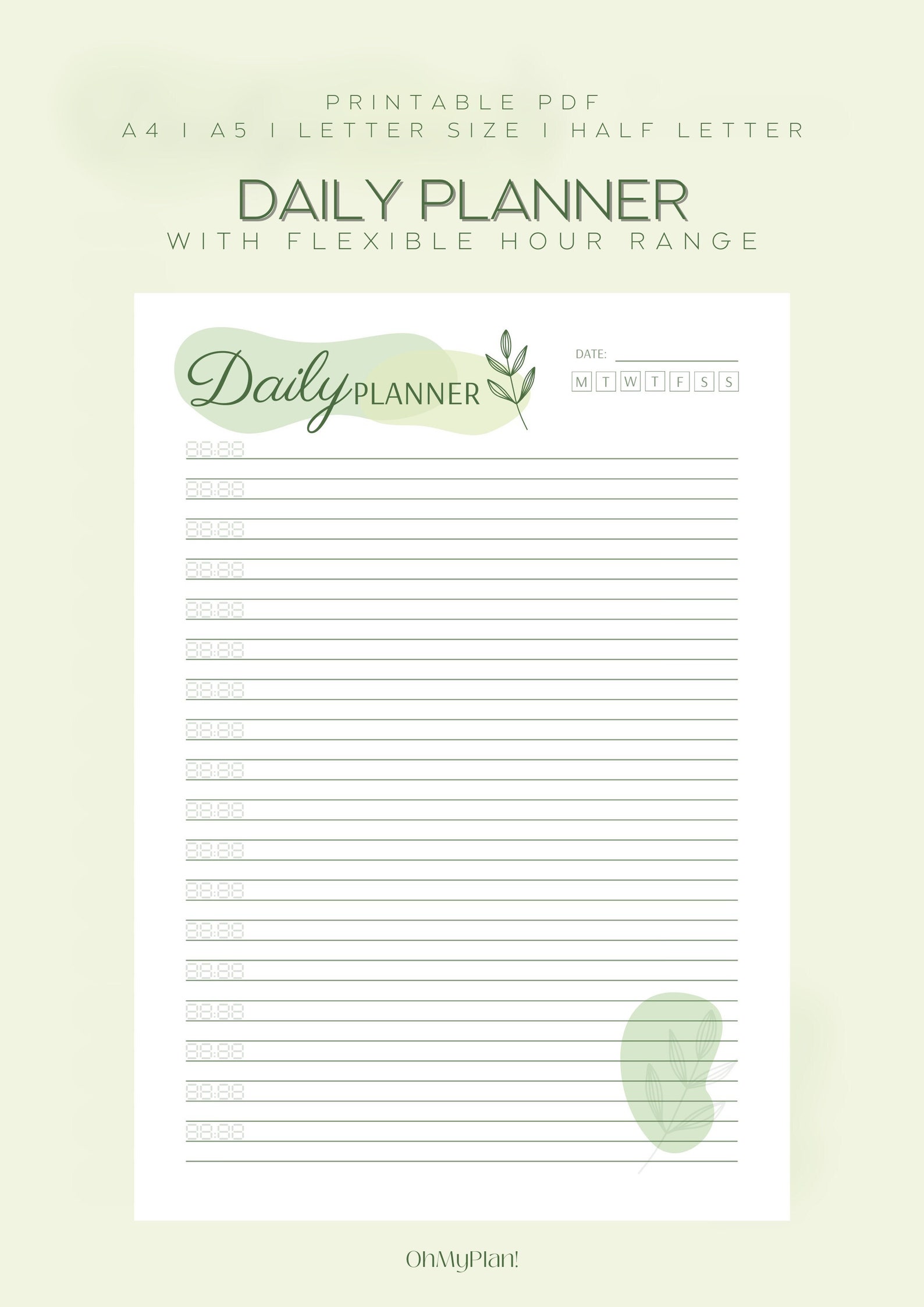 Printable Daily Planner With Flexible Time Range, Monday and Sunday ...