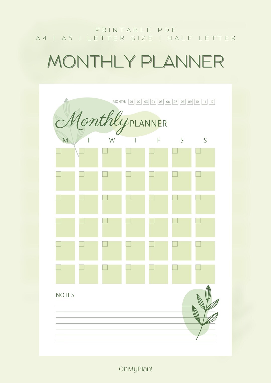 Botanic Theme Printable Monthly Planner, Undated Monthly Overview ...