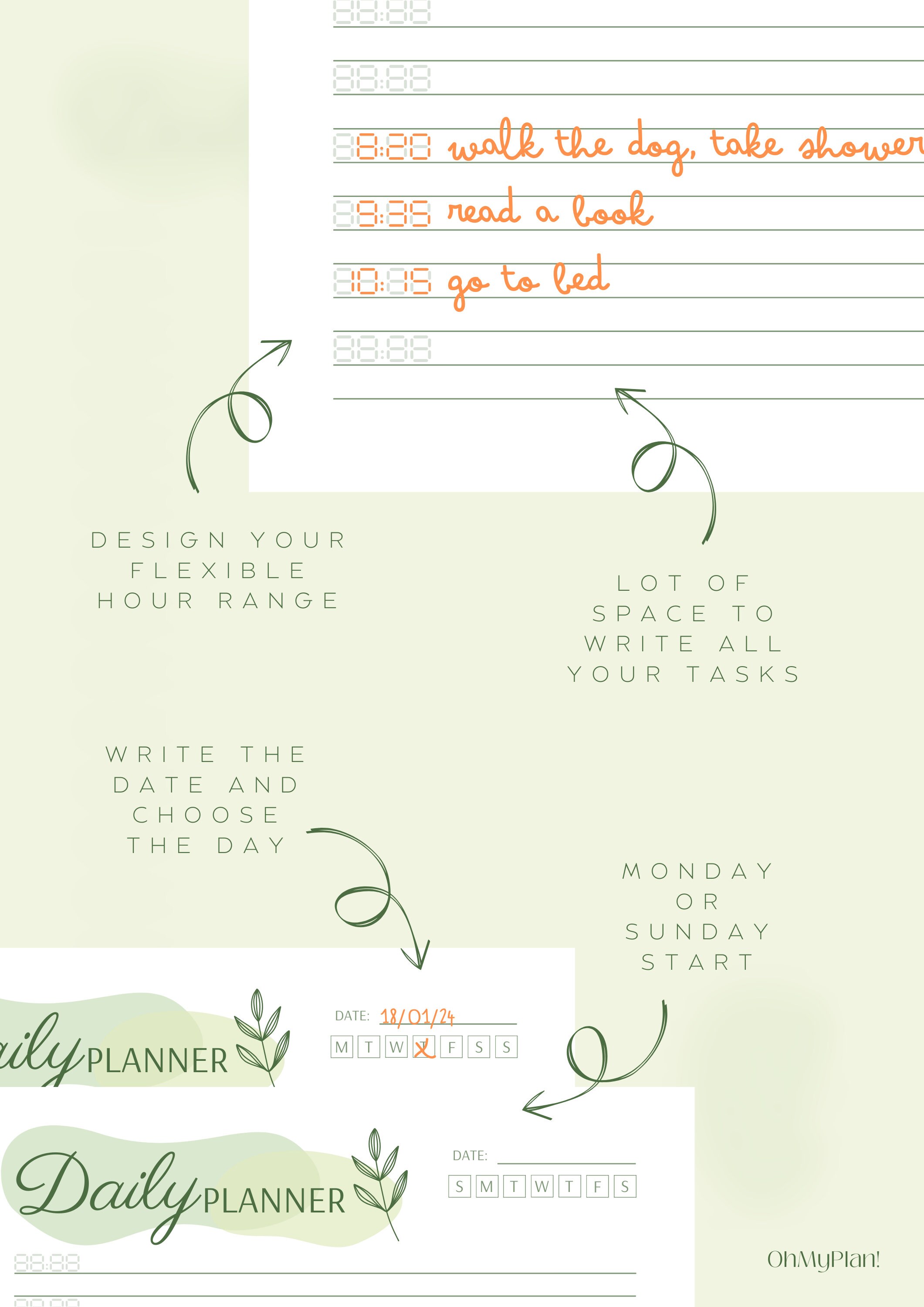 Printable Daily Planner With Flexible Time Range, Monday and Sunday ...