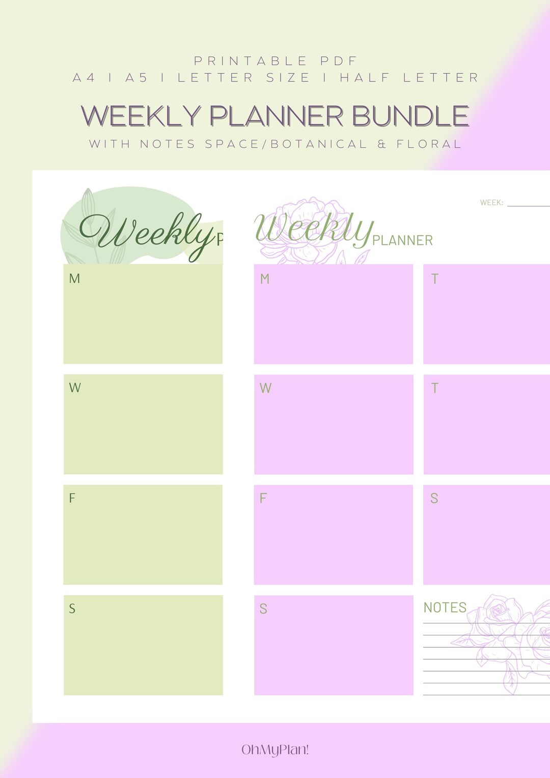 Printable Weekly Planner Set With Notes Section: Both Botanical ...
