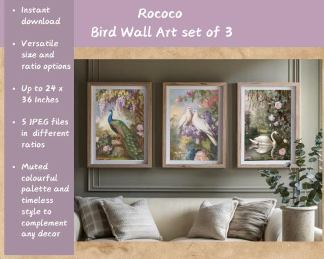 Printable Rococo 3 Piece Wall Art Set; Pink Bird Print; Regency Print ...