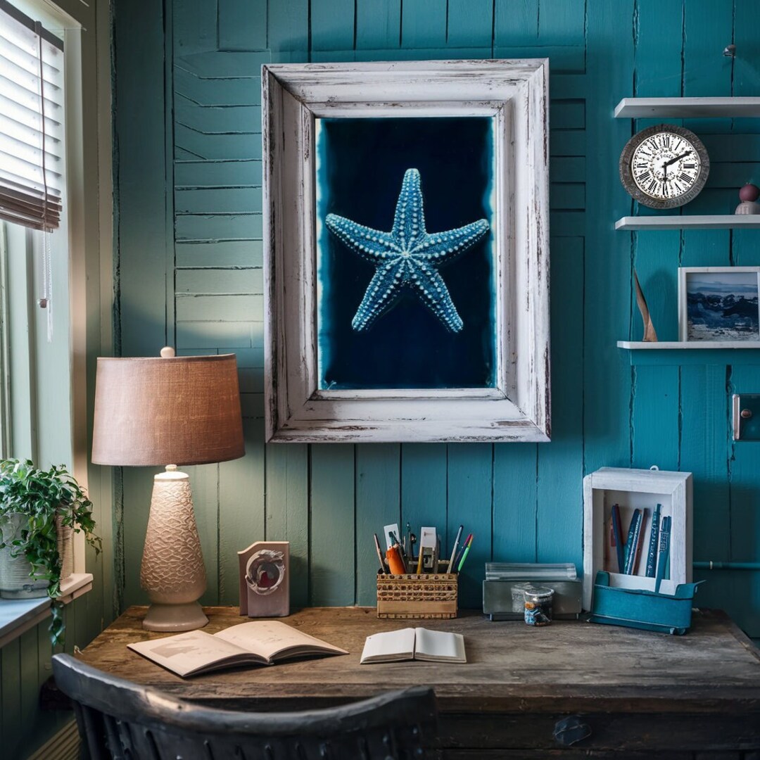 Printable Cyanotype Wall Art Starfish Print Vintage Poster, Ocean Home ...