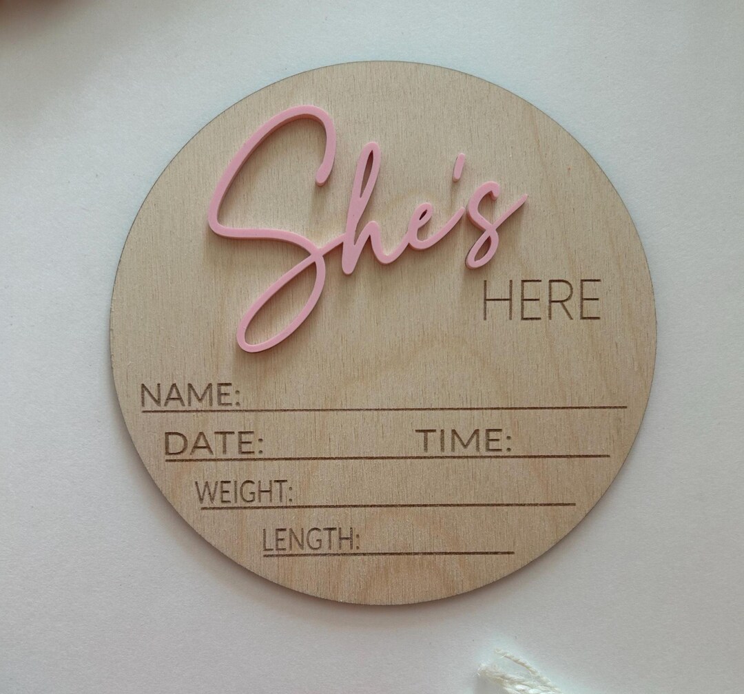 He's Here Modern Baby Birth Announcement Sign, She's Here Baby Gender ...