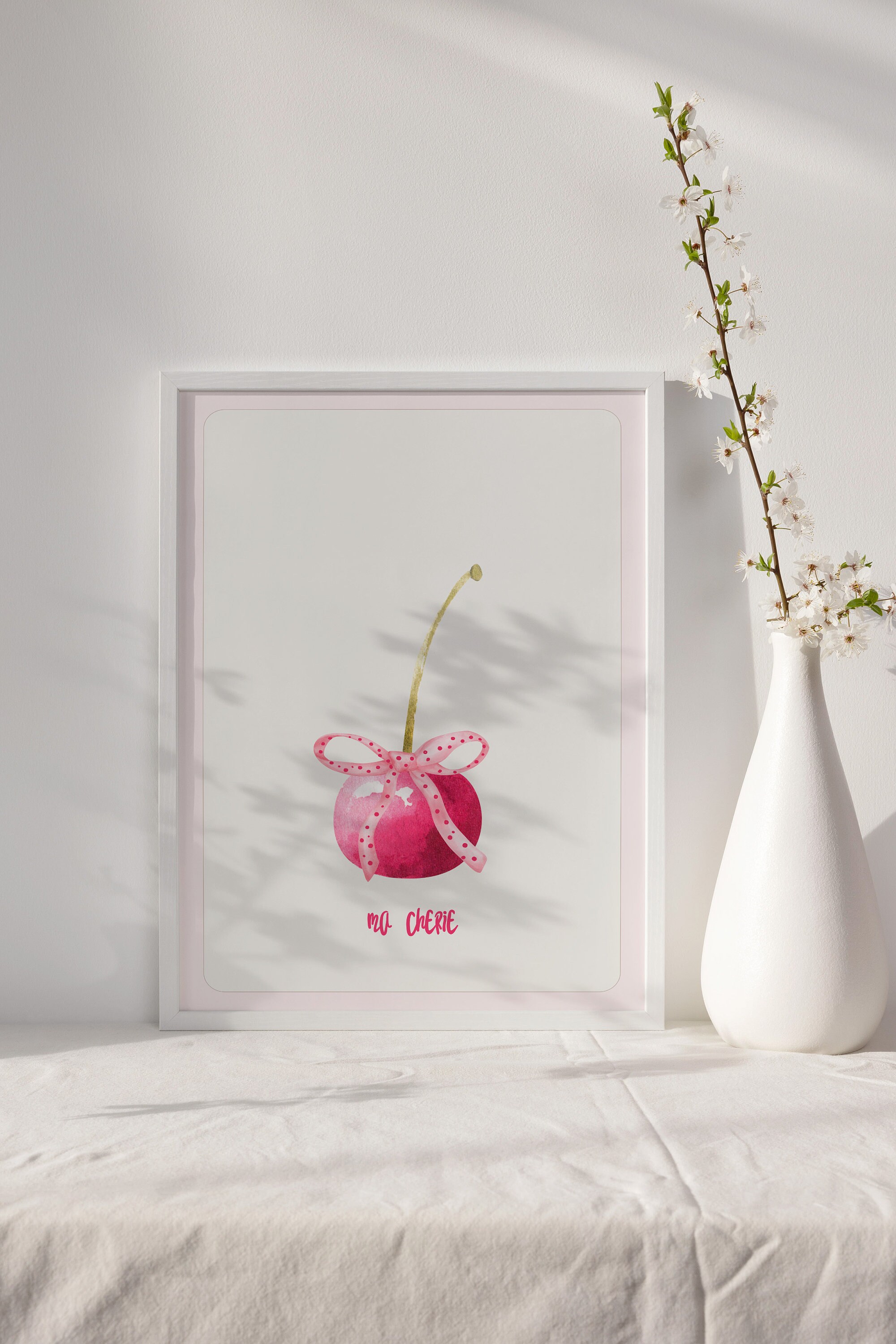 Cute Cherry Wall Art, Ribbon Poster for Living Room, Cute Cherry , Pink ...