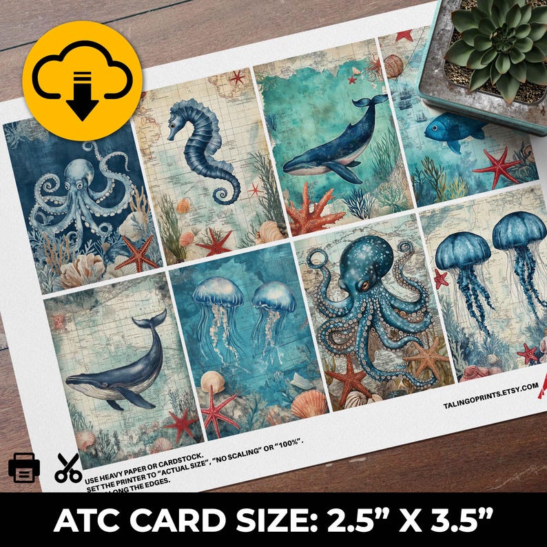 ATC Cards Undersea Octopus Seahorse Journal Ephemera Digital Papers ...