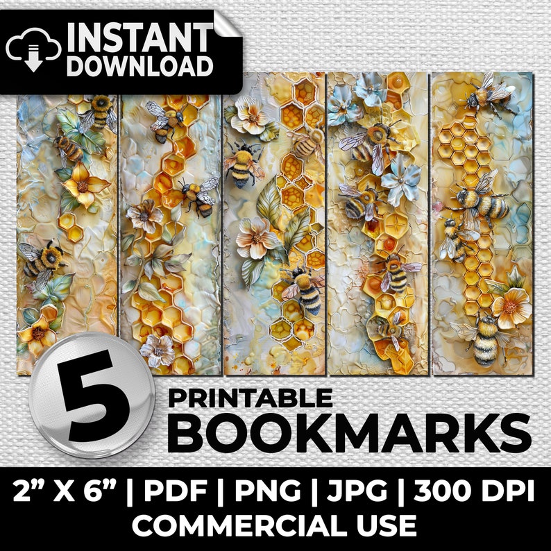 Bees Bookmarks Hive Bookmark Sublimation Whimsical Ephemera Printable ...
