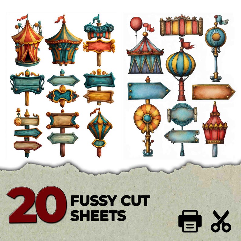 Quirky Vintage Circus Sign Fussy Cut Sheets Ephemera Printable Junk ...
