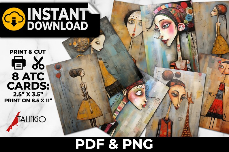 ATC Cards Textured Girl Long Neck Junk Journal Digital Printable Sheets ...