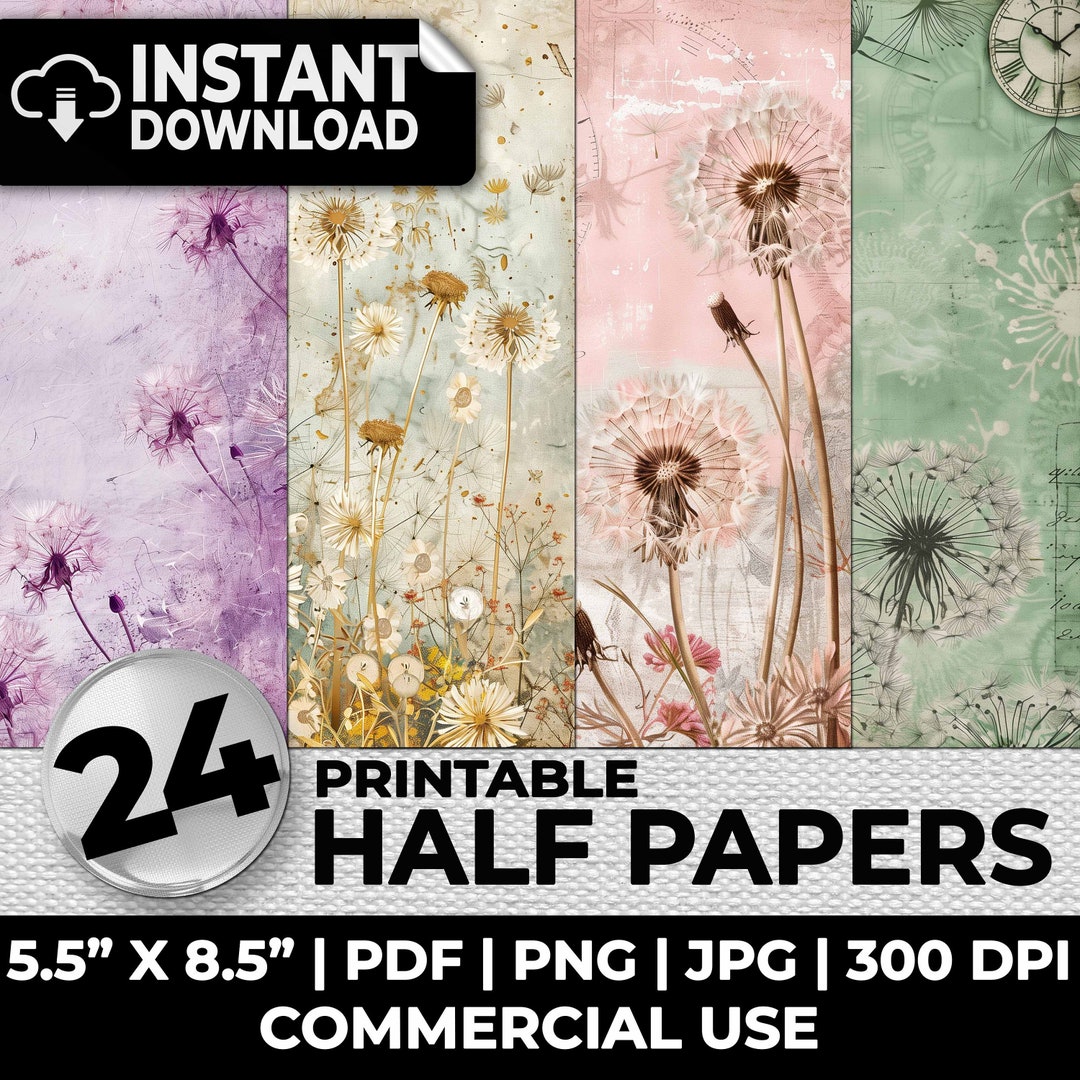 Shabby Dandelions Printable Ephemera Half Paper Scrapbooking Junk ...