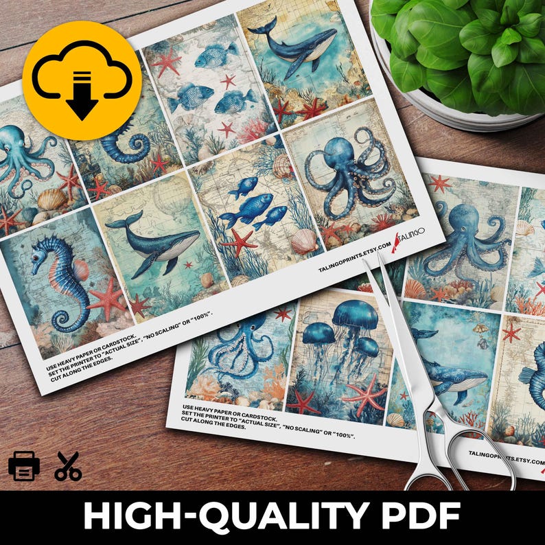 ATC Cards Undersea Octopus Seahorse Journal Ephemera Digital Papers ...