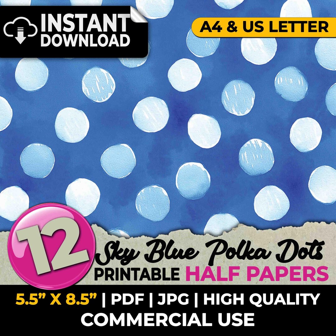 Watercolor Blue Polka Dots Sky Blue Texture Junk Journal Printable Half ...