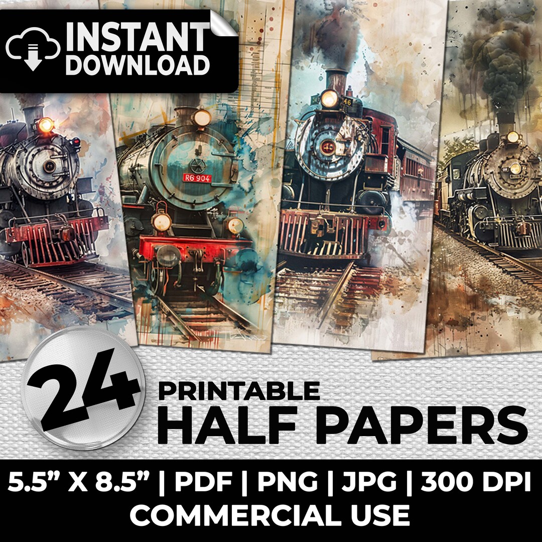 Trains Printable Half Papers Train Distressed Junk Journal Sublimation ...
