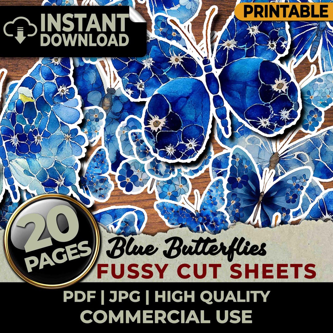 Blue Butterflies 20 Fussy Cut Sheets Ephemera Printable Junk Journal ...