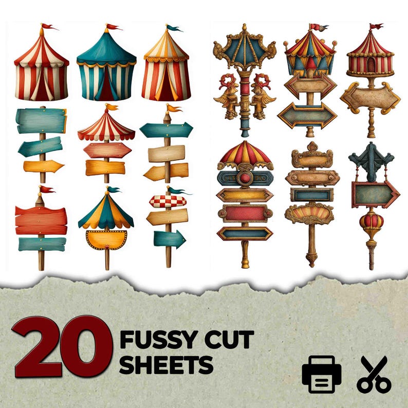 Quirky Vintage Circus Sign Fussy Cut Sheets Ephemera Printable Junk ...