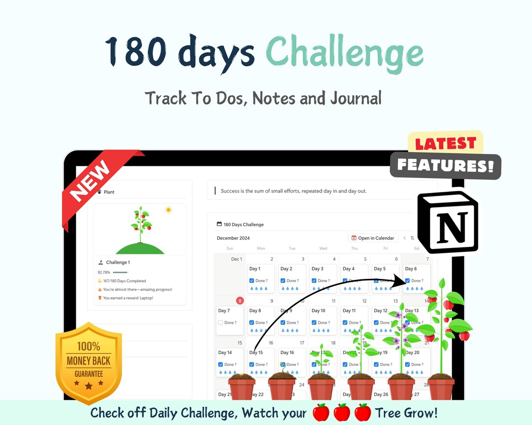 Notion 180 Day Challenge Tracker | Track Habits, Goals, Savings, Social ...