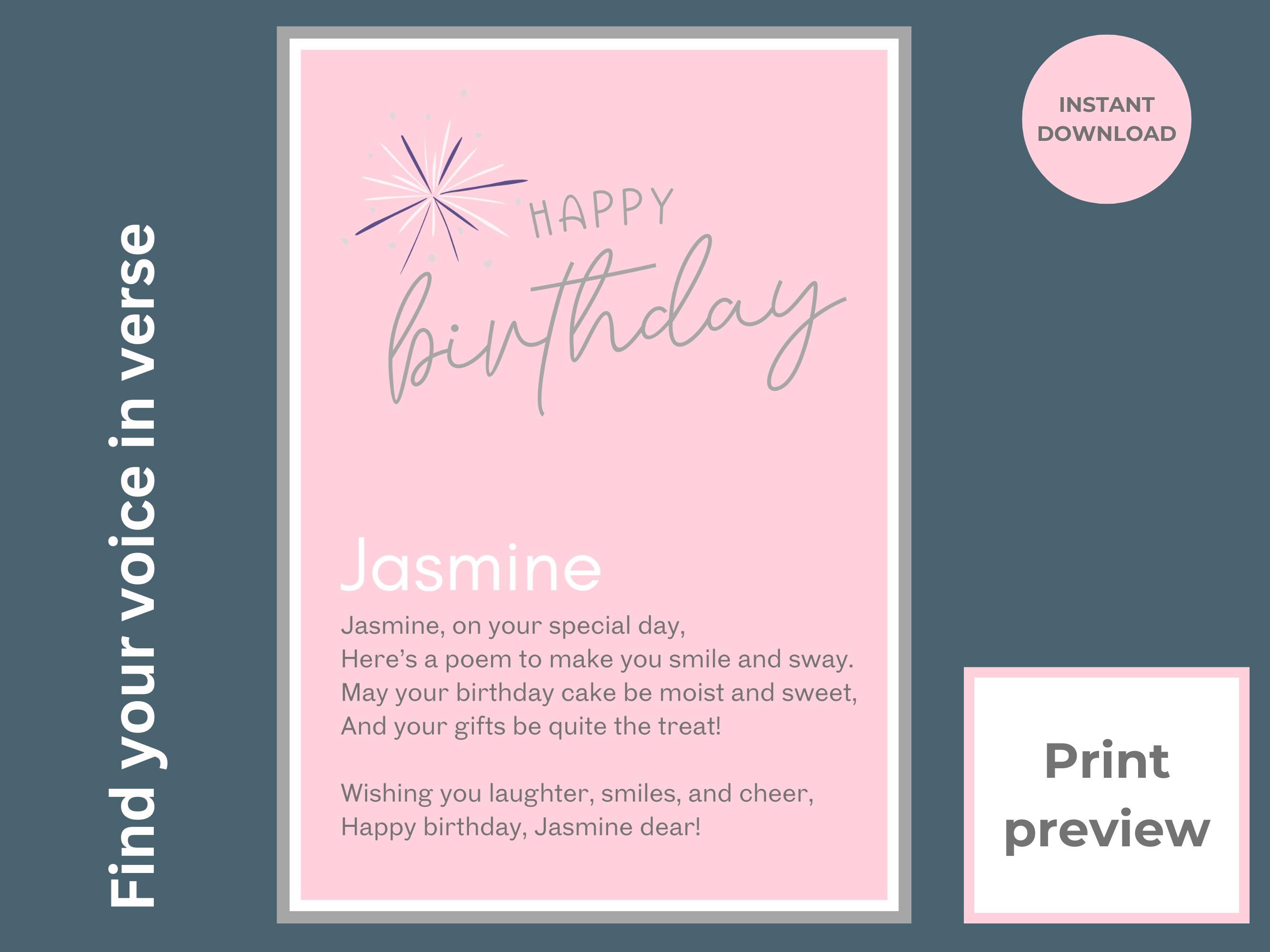 Jasmine Personalized Birthday Poem Print Birthday Poems Happy Birthday ...