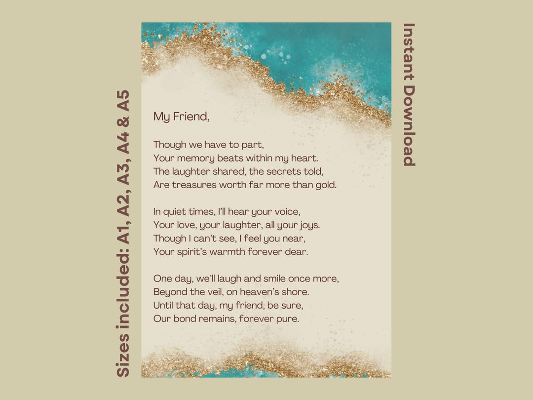 Funeral Poem for Best Friend Printable Tribute Memorial Display in ...