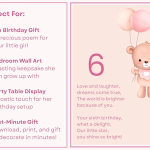 6th Birthday Poem Pink Printable Meaningful Keepsake Gift Digital ...