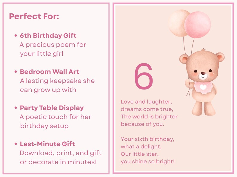 6th Birthday Poem Pink Printable Meaningful Keepsake Gift Digital ...