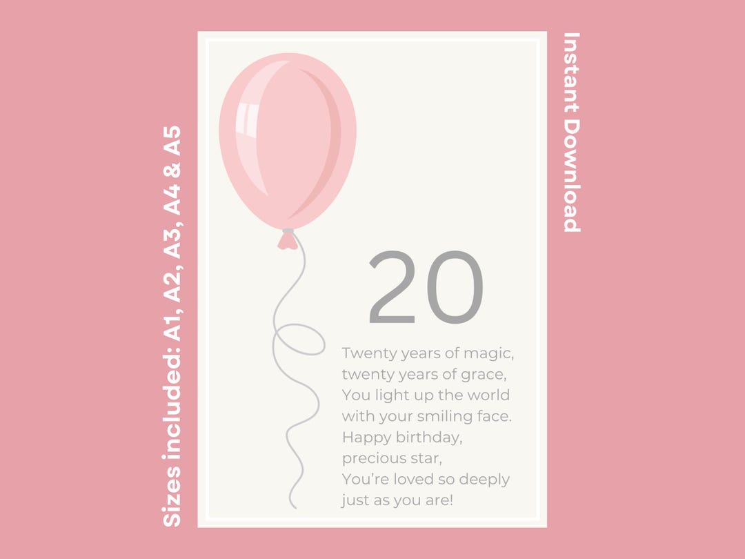Happy 20th Birthday Poem Printable for Daughter Friend Sister ...