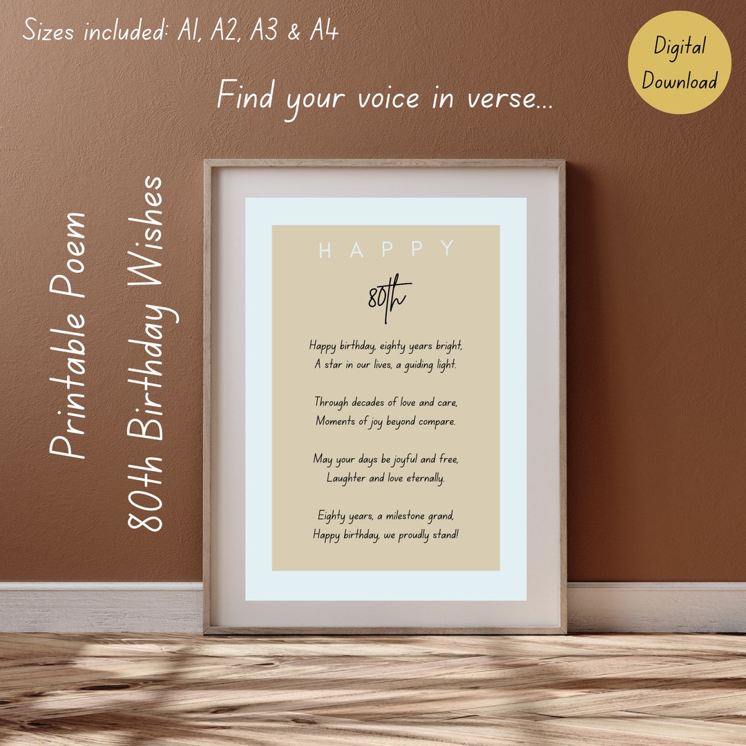 80th Birthday Poem Print Birthday Wishes Unique Birthday Gift Printable ...