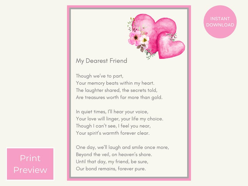 Best Friend Funeral Poem Printable Instant Download "my Dearest Friend ...