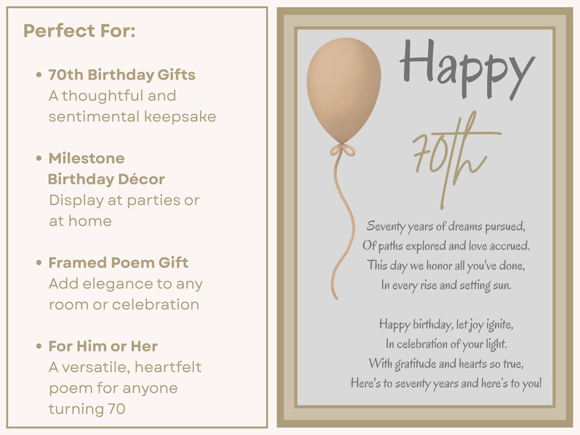 70th Birthday Poem Print: Milestone Gift, Keepsake Art (digital ...