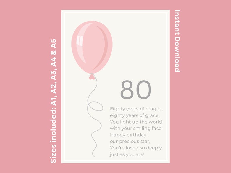 Happy 80th Birthday Poem Printable for Mom Sister Gran Friend Instant ...