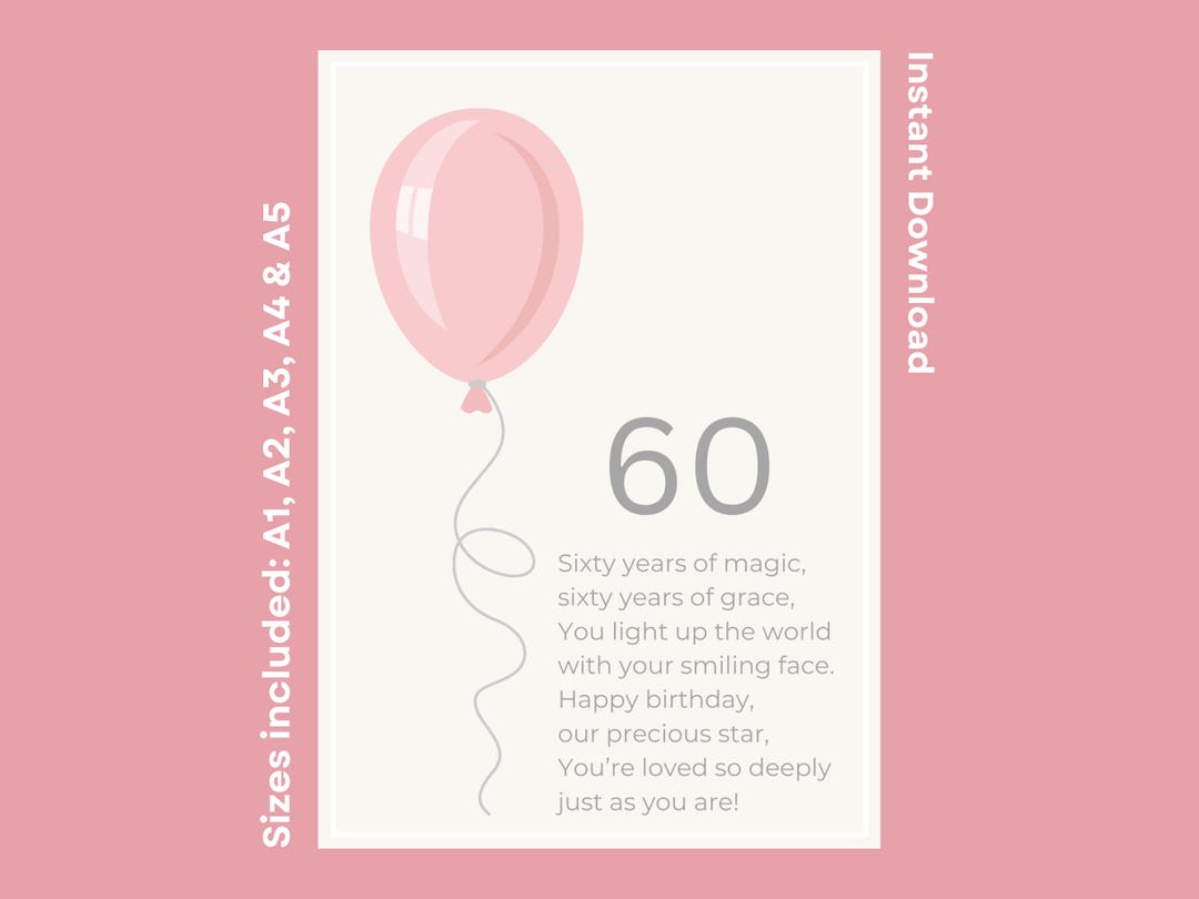 Happy 60th Birthday Poem Printable for Mom Sister Gran Best Friend Wife ...