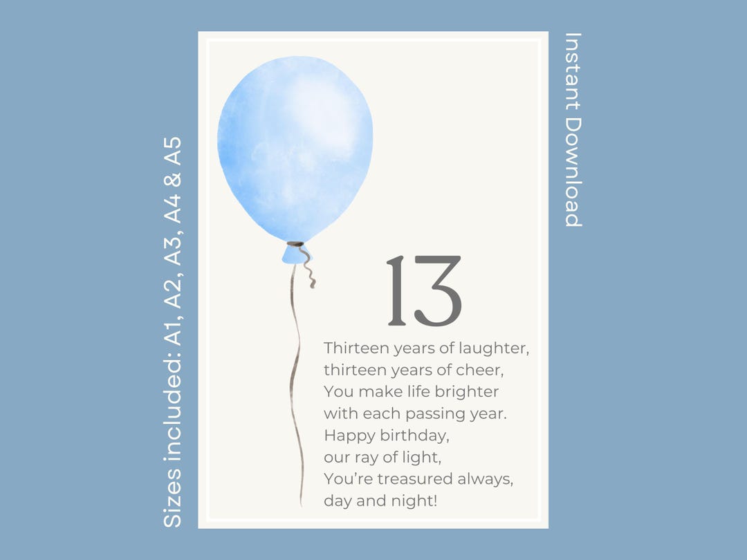 Happy 13th Birthday Poem for Son Grandson Brother Nephew Printable ...
