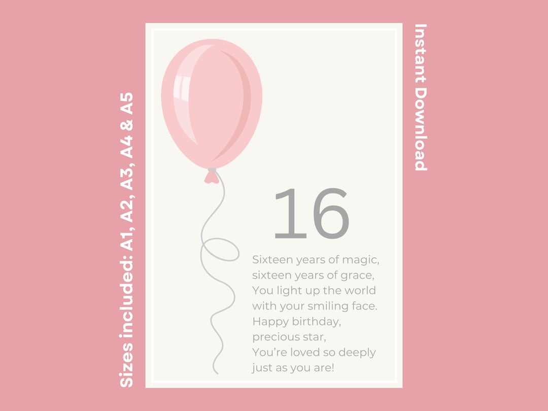 Happy 16th Birthday Poem Printable for Daughter Granddaughter Sister ...