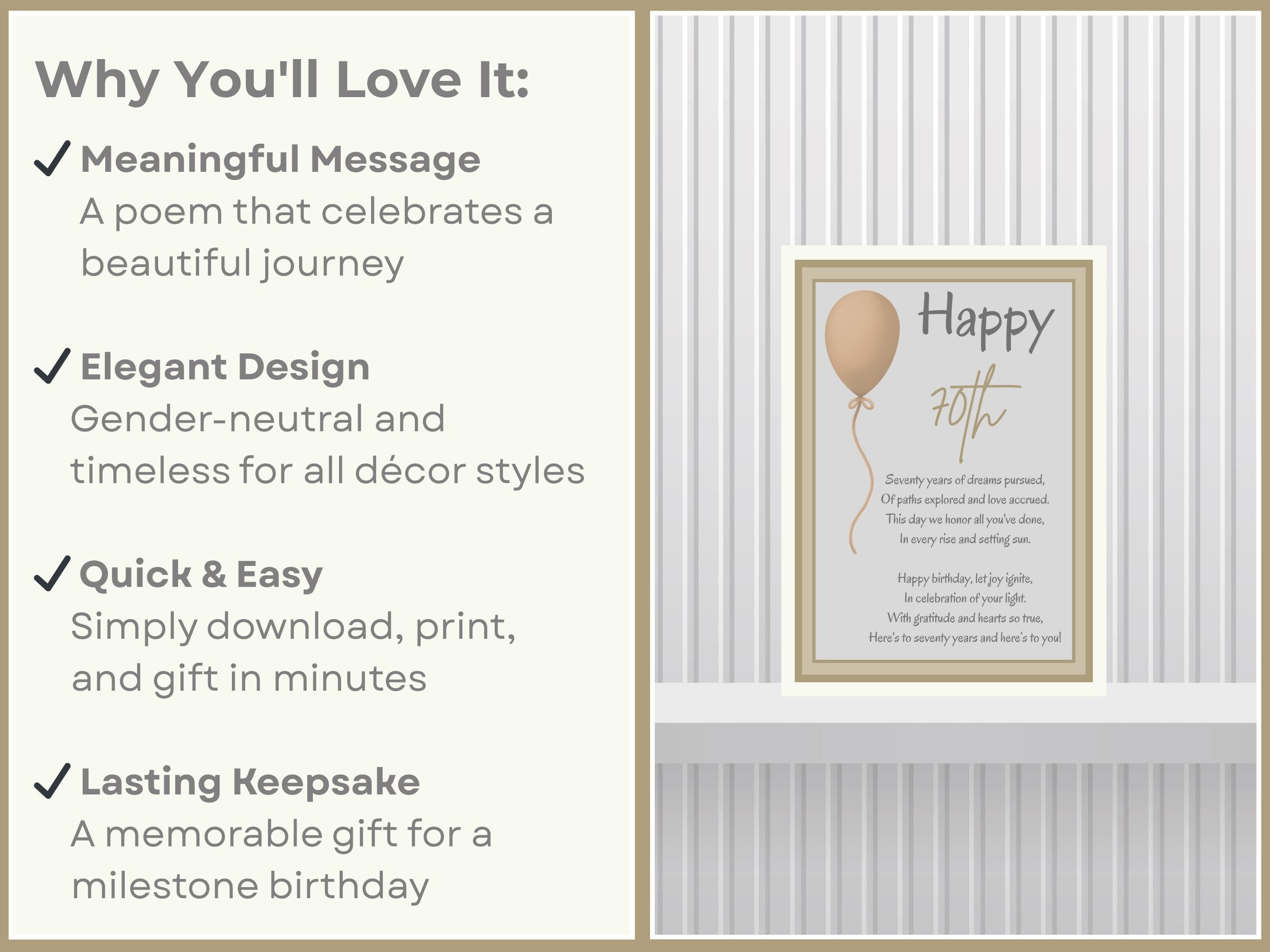 70th Birthday Poem Print: Milestone Gift, Keepsake Art (digital ...