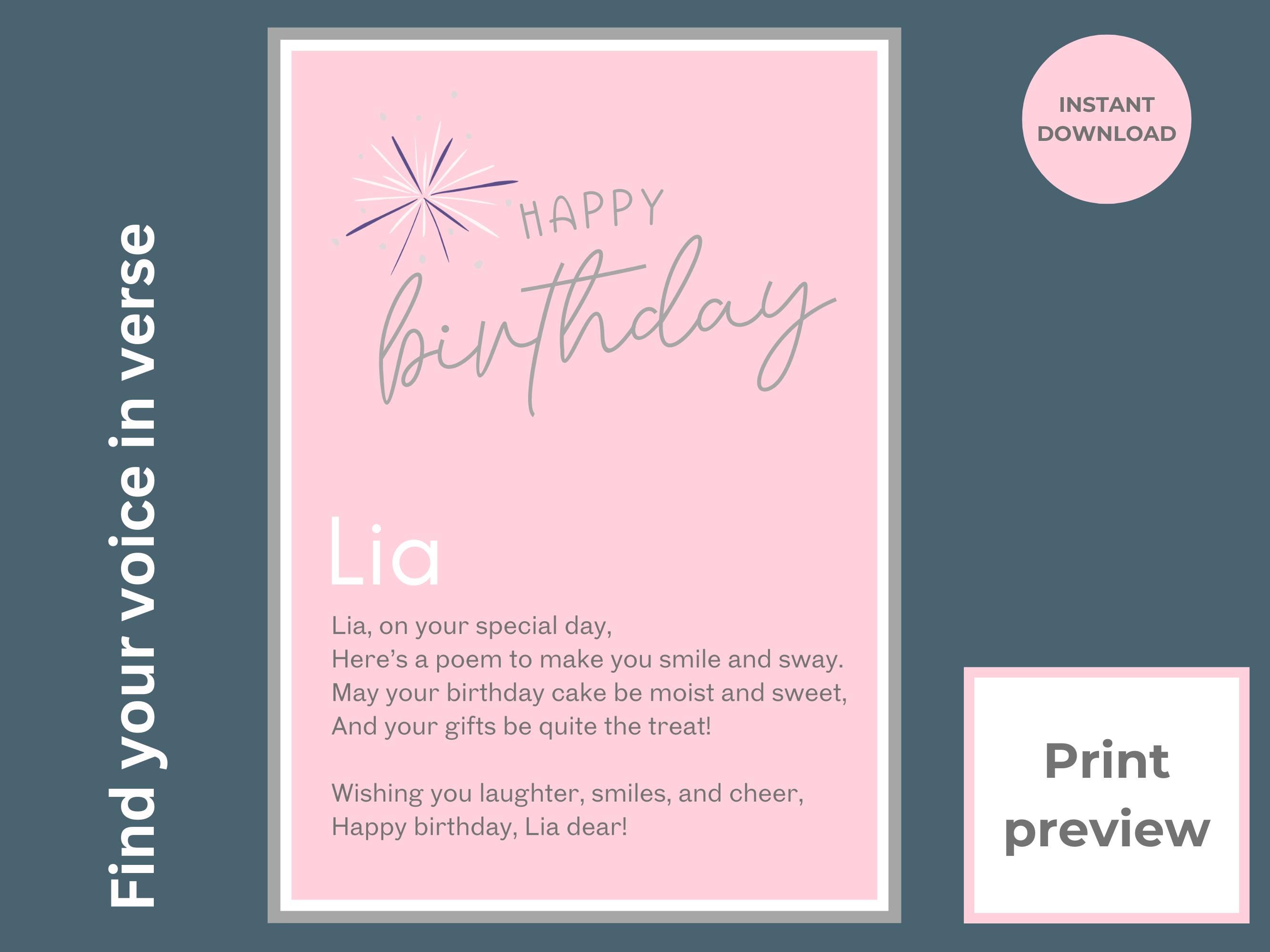 Lia Personalized Birthday Poem Print Happy Birthday Poems Personalized ...