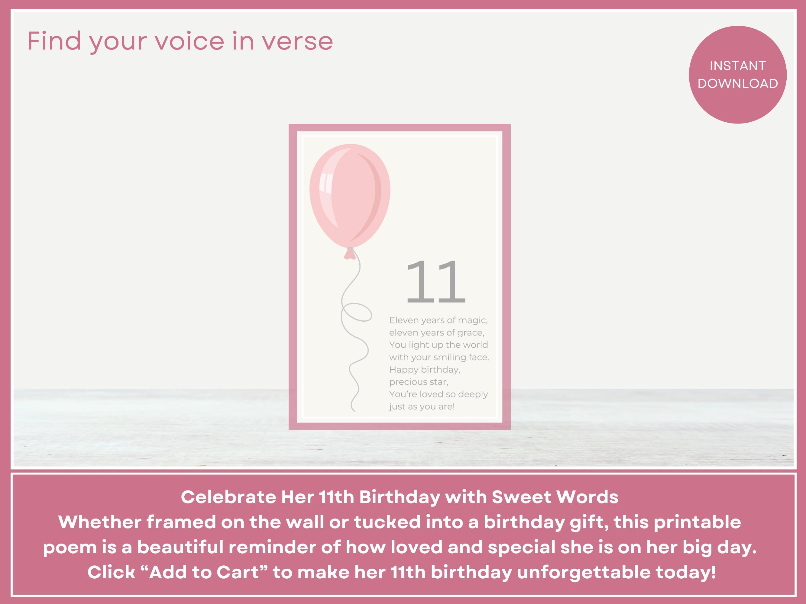 11th Birthday Poem Printable for Daughter Granddaughter or Little Girl ...