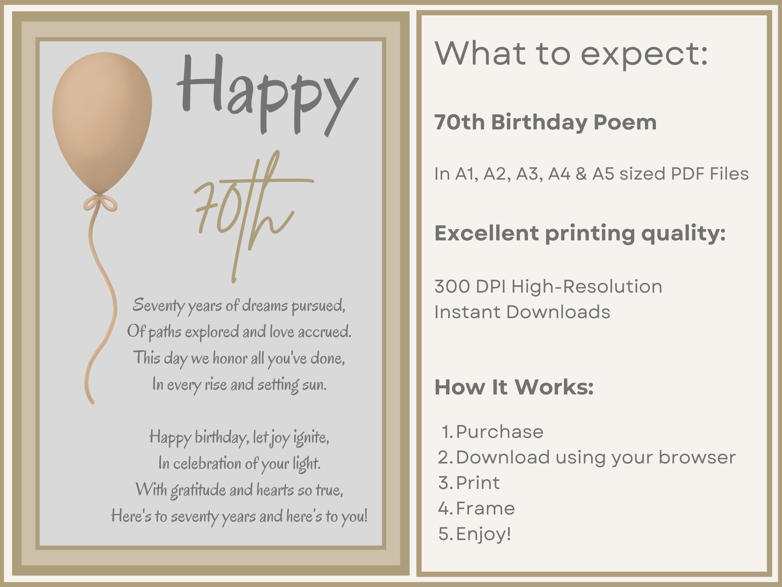 70th Birthday Poem Print: Milestone Gift, Keepsake Art (digital ...