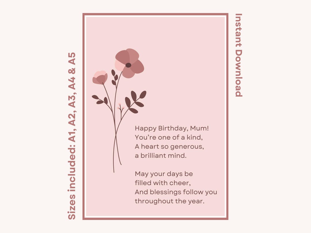 Happy Birthday Mum Printable Poem Instant Download Mum Birthday Quotes ...