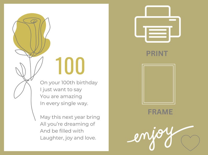 100th Birthday Poem Printable Century Celebration Gift for Mom, Sister ...