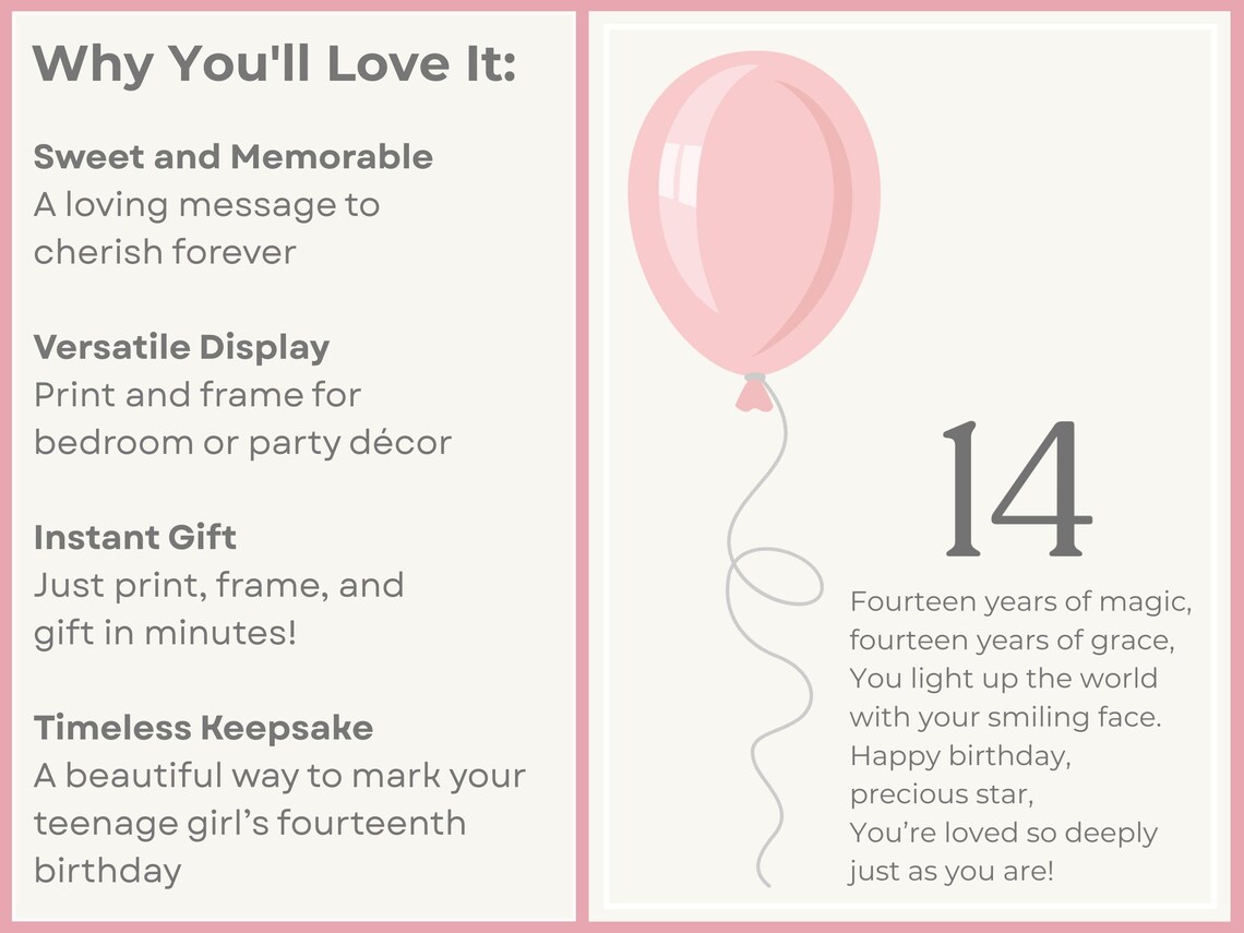 Happy 14th Birthday Poem Printable for Daughter Sister Friend ...