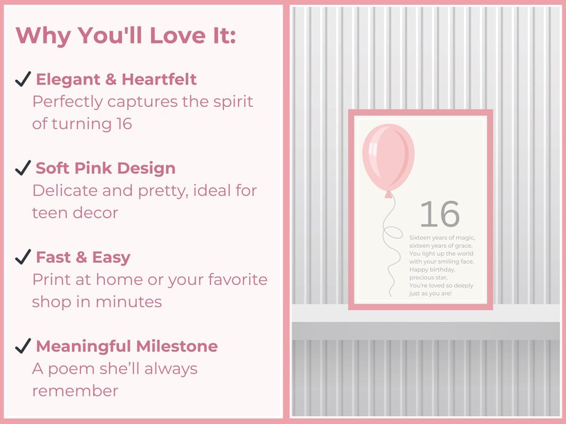 Happy 16th Birthday Poem Printable for Daughter Granddaughter Sister ...