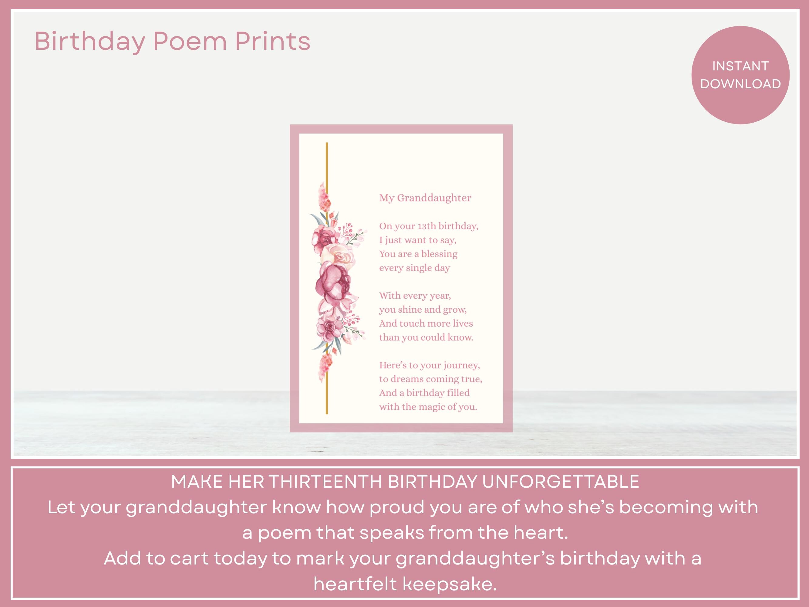 Granddaughter 13th Birthday Poem Print: Milestone Gift Keepsake ...
