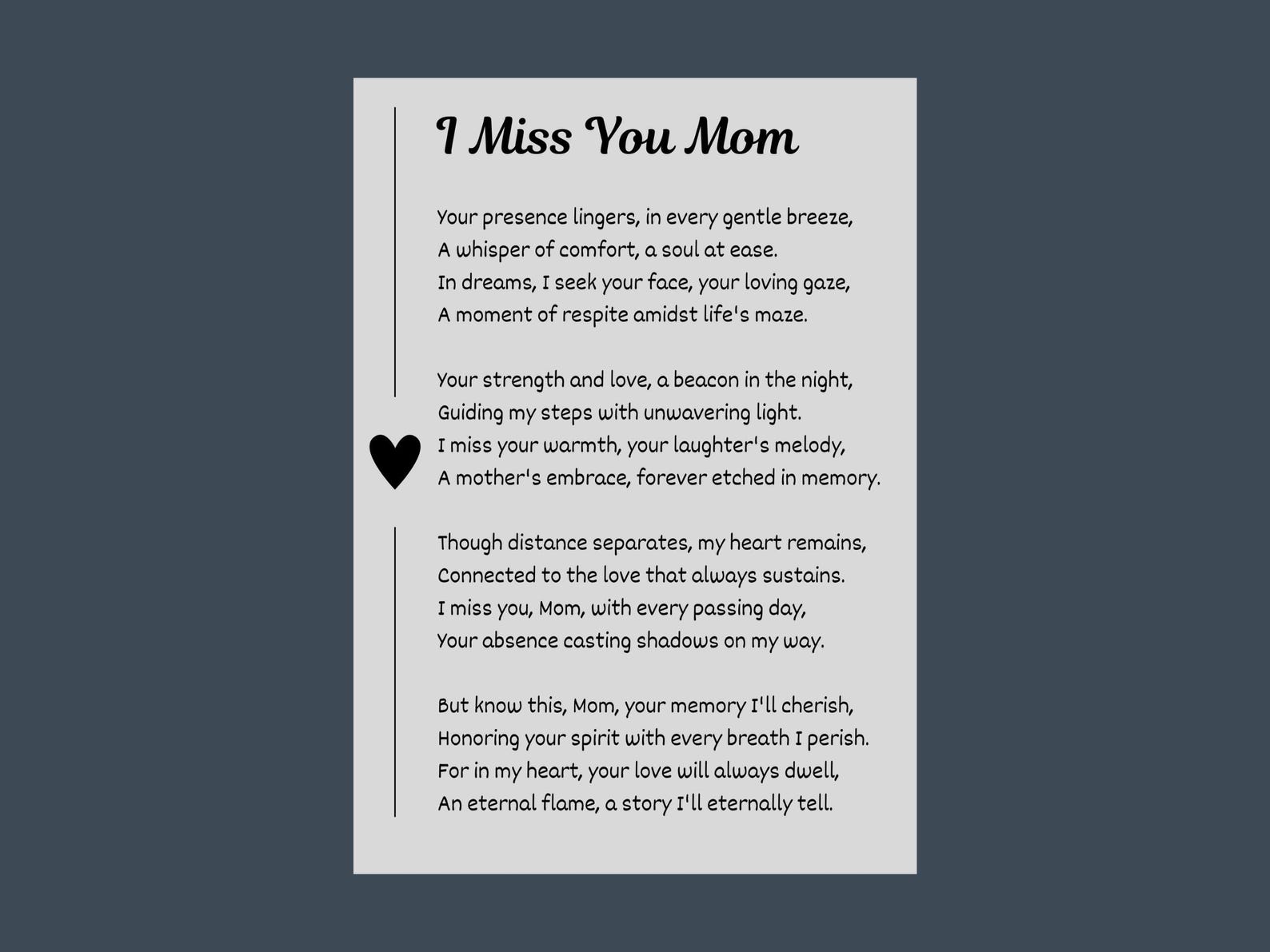 I Miss You Mom Memorial Poem Lost Loved One in Memory of Grief Mourning ...
