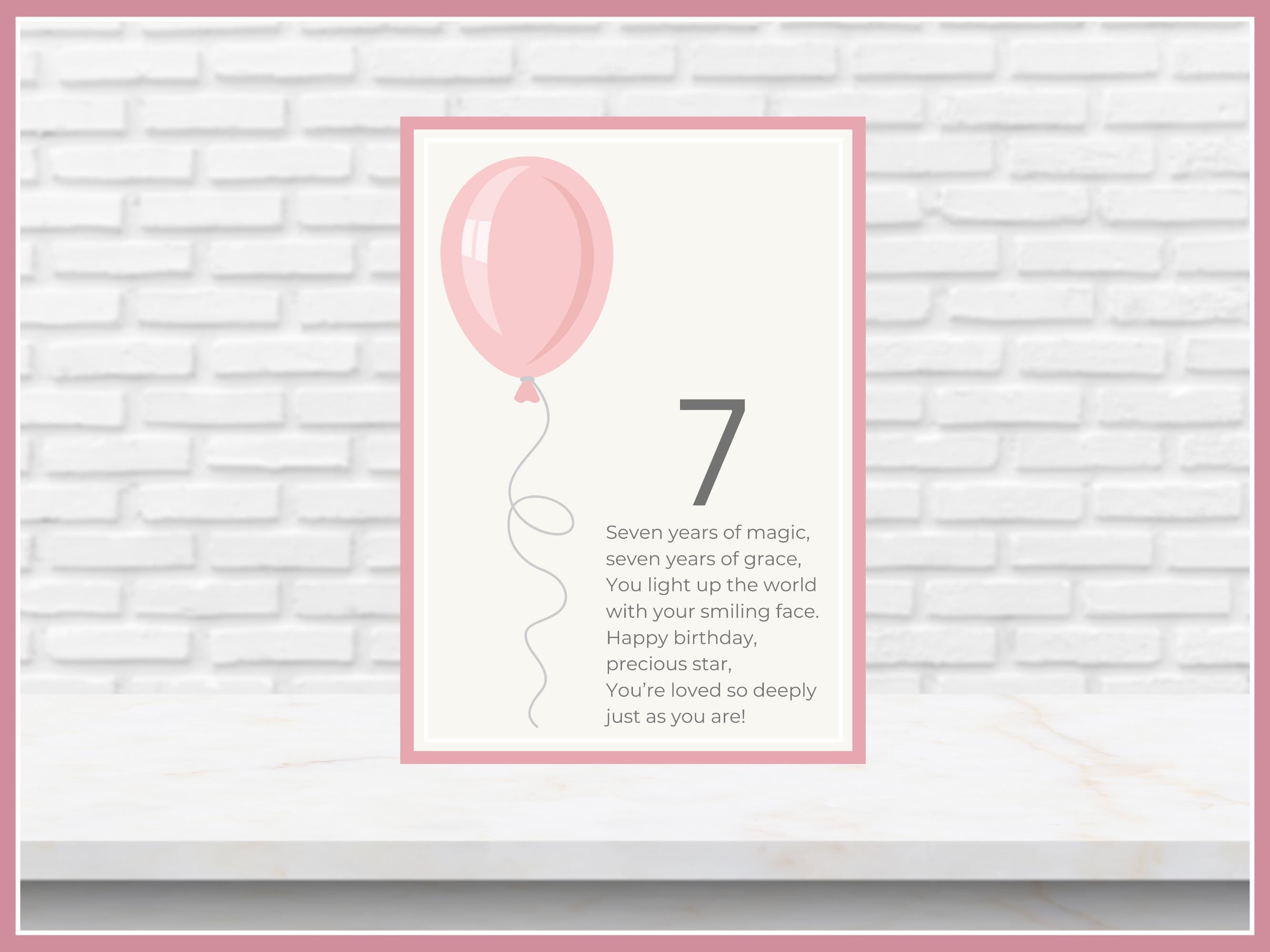 7th Birthday Poem Printable Pink Celebration Gift Instant Download - Etsy