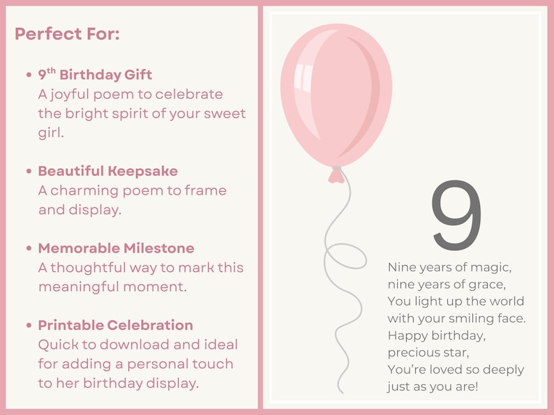 9th Birthday Poem Printable With Pink Balloon Heartfelt Gift Instant ...