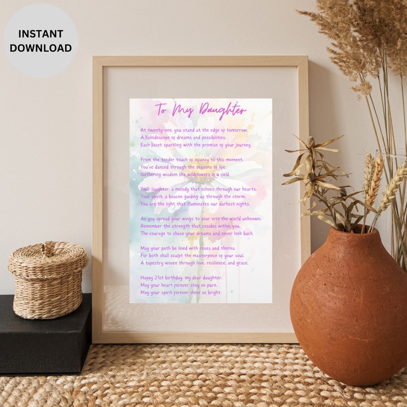 Daughter's 21st Birthday Poem Printable Wall Art of Free Verse ...