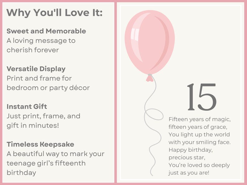 15th Birthday Poem Printable Heartfelt Gift Instant Download - Etsy