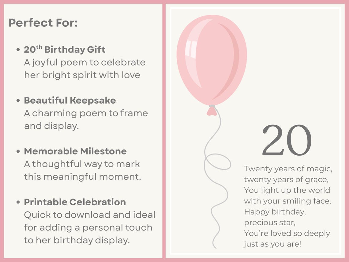 20th Birthday Poem Printable Heartfelt Gift Instant Download - Etsy